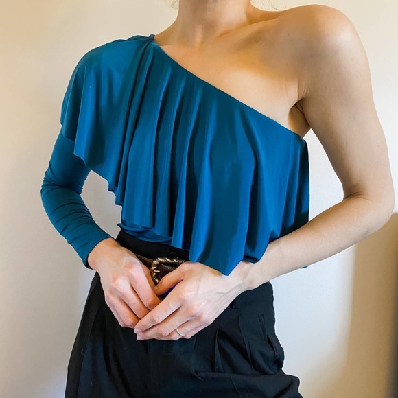 BOLD elements | Tops | Teal Blue One Shoulder Long Sleeve Ruffle Blouse ...